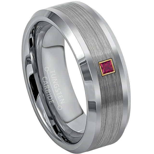 0.05ctw Princess Cut Ruby Tungsten Ring - 8MM Brushed Finish Beveled ...