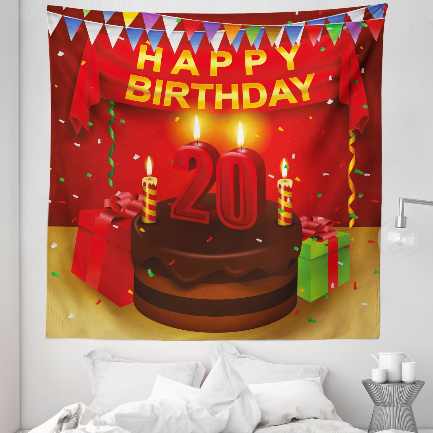 Colorful Tapestry, Happy Birthday Party Curtains Boxes and Flags on the ...