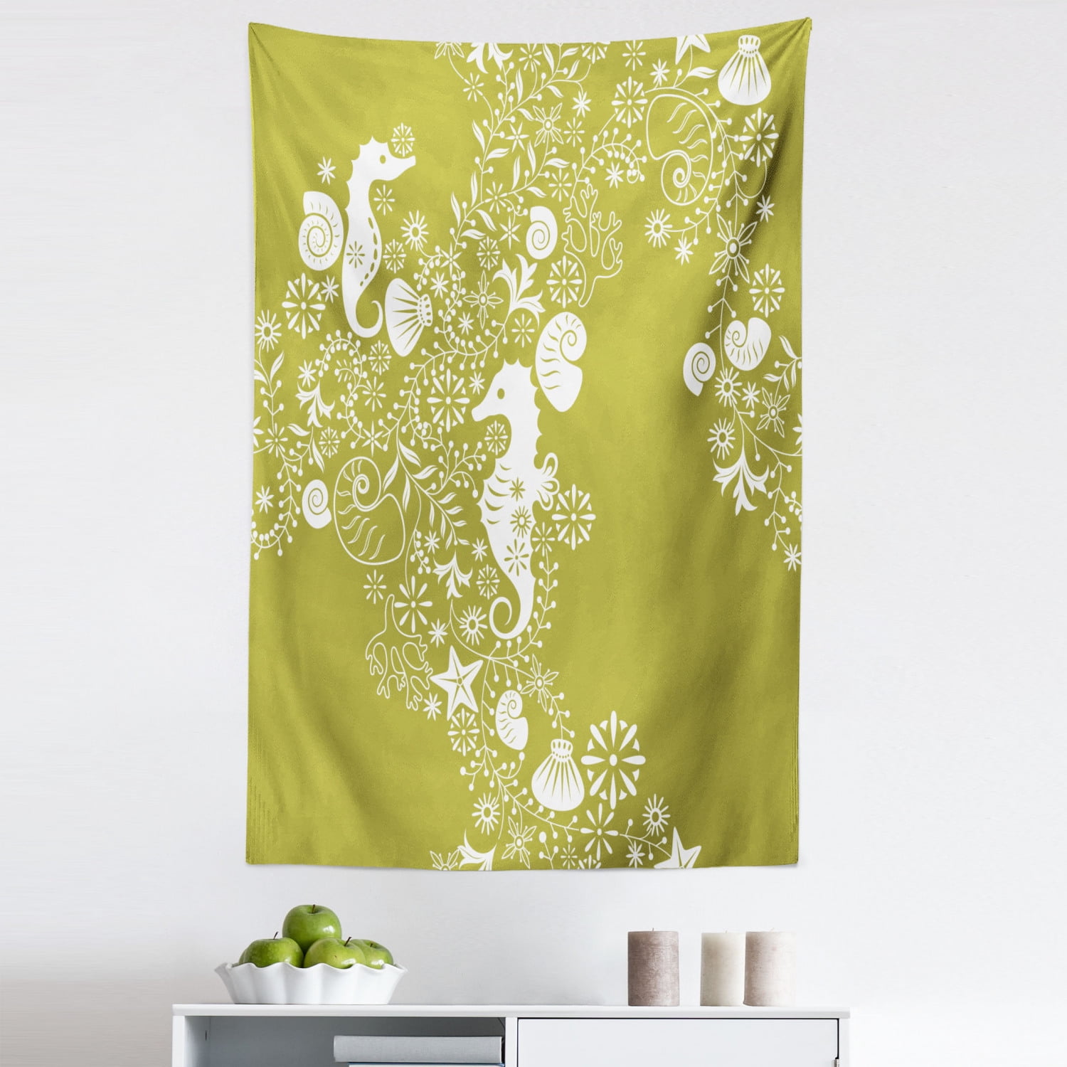 Sea Shells Tapestry, Abstract Swirl and Floral Elements Seahorse ...
