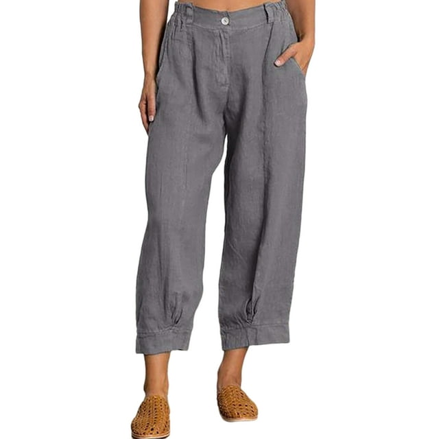Grianlook Ladies Casual Loose Crop Trousers Mid Waist Wide Leg Cotton