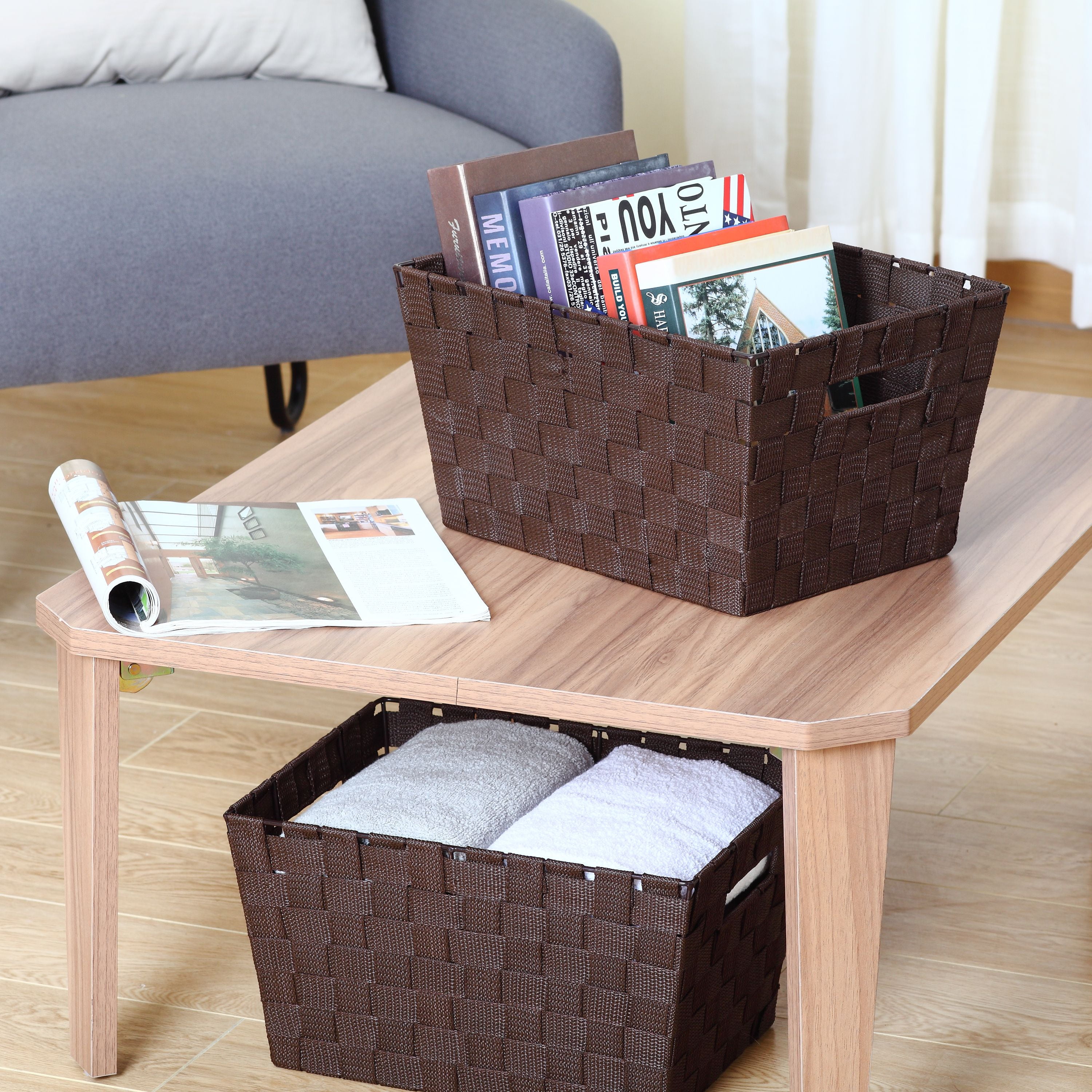 Mainstays Medium Brown Nylon Woven Basket Set with Handles, 2 Piece ...