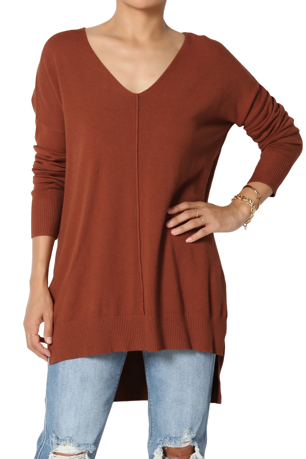 TheMogan Women's PLUS Seam Front V Neck Garment Dye Soft Knit Hi Low ...
