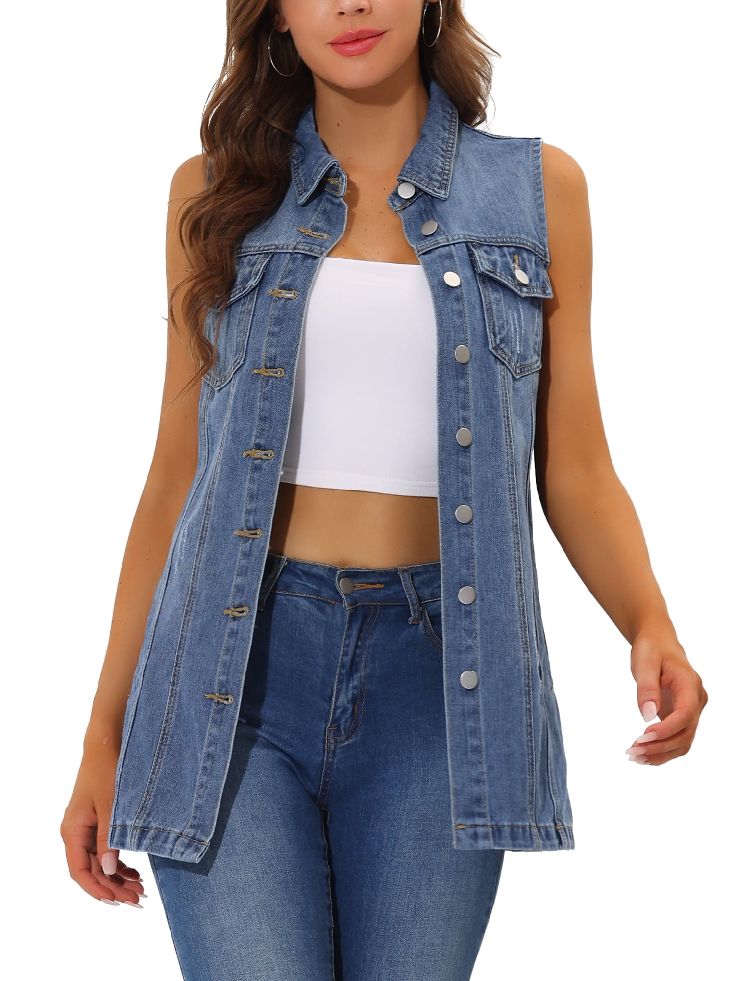 Allegra K Women's Casual Button Down Sleeveless Pockets Mid-Long Denim ...