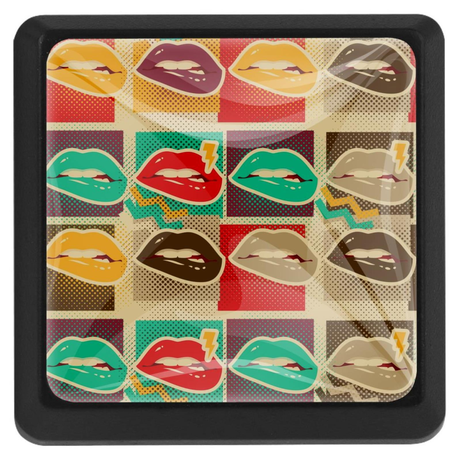 3 Pack Retro Pop Art Lips Square Cabinet Door Knobs Decor for Cupboard ...