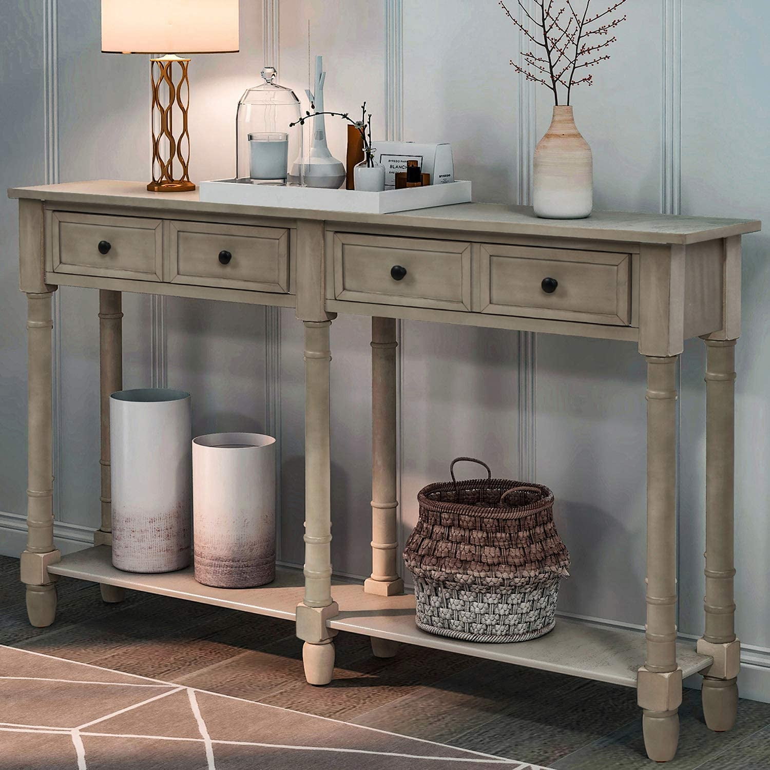 Retro Console Table Sofa Table for Entryway with Drawers and Shelf ...