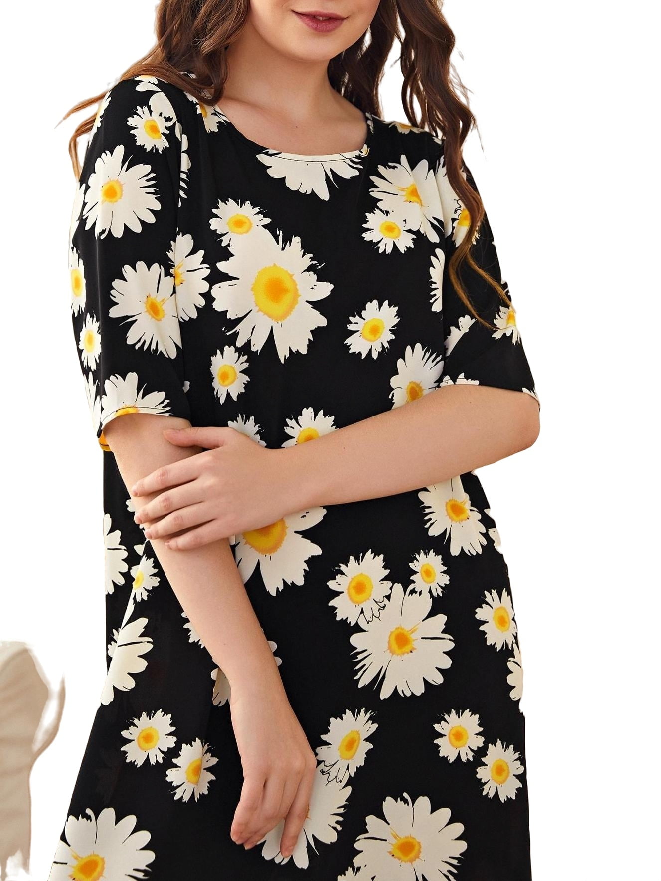Casual Floral Printround Neck Sleepshirts Elbow Length Black Womens
