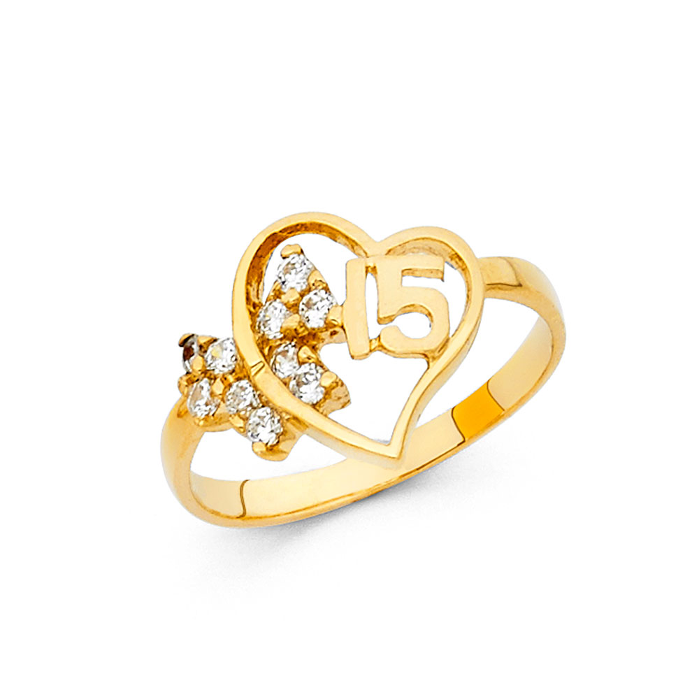 Solid 14k Yellow Gold 15 Birthday Ring Heart Quinceanera Band CZ ...