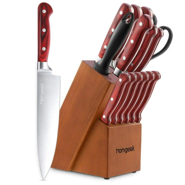 TFixol Homgeek 15-Piece Kitchen Cutter Set with Wooden Block Self ...