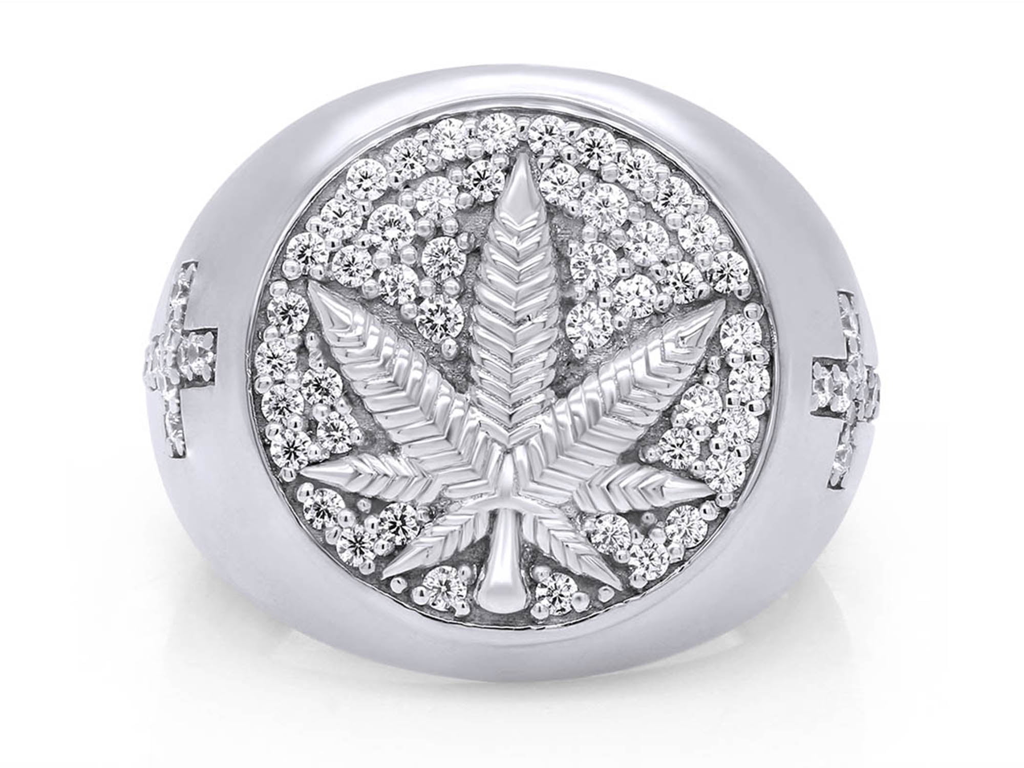 Round Cut White Cubic Zirconia Cannabis Leaf Marijuana Mens Ring In 14K ...