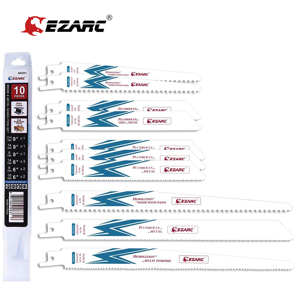 EZARC 10-Piece Reciprocating Saw Blades 6 to 9 Inch Bi-Metal Demolition Blade Set for Wood and ...