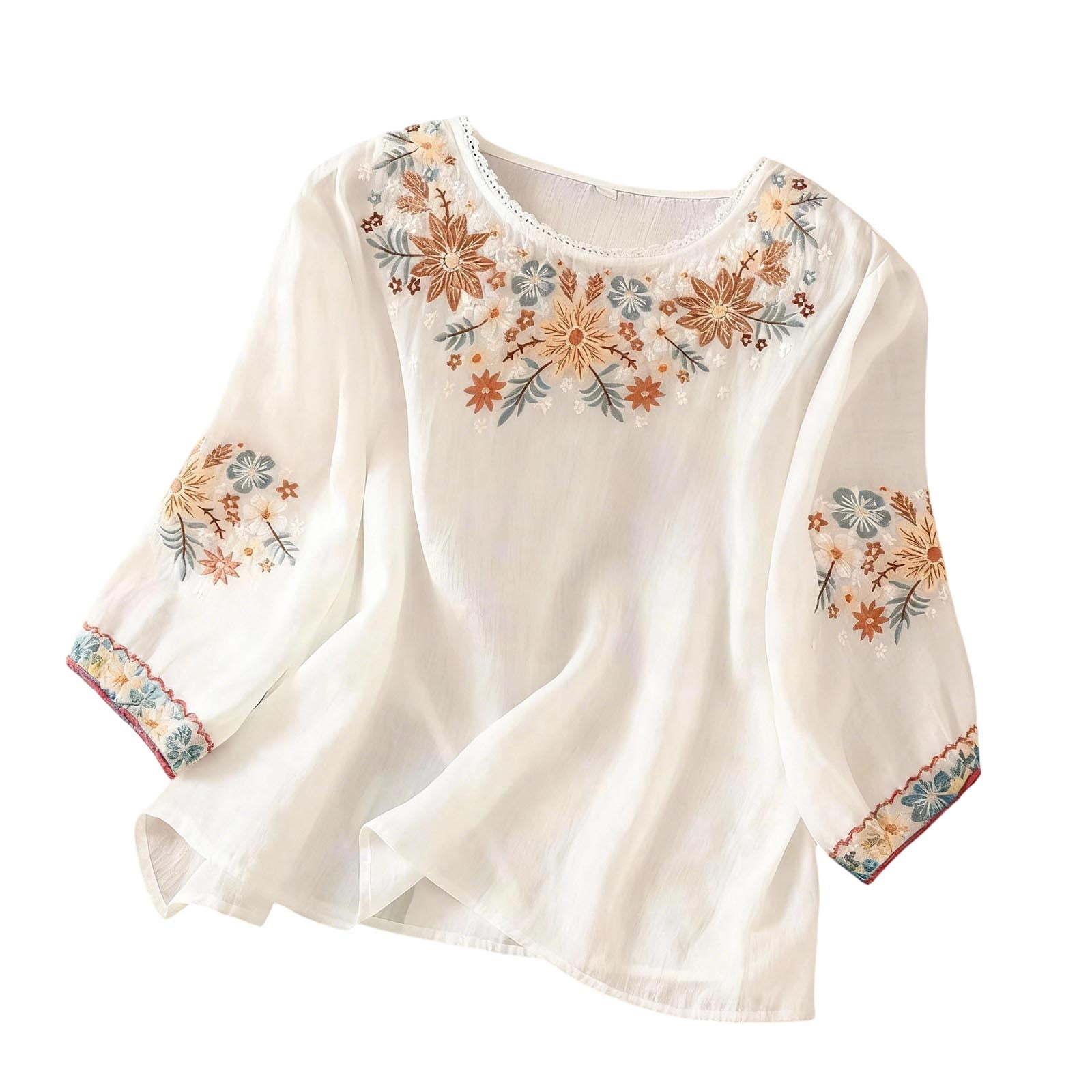 Click here for Sdnall Linen Embroidered Three-Quarter Sleeve Top... prices