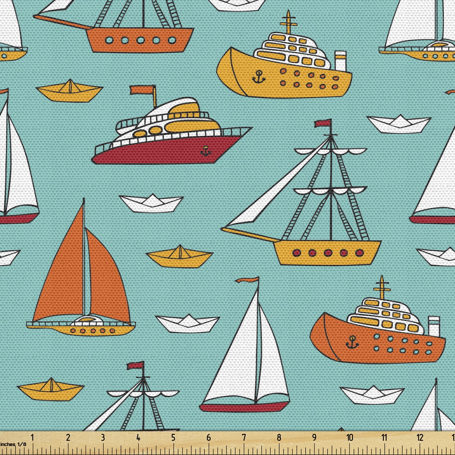 Nautical Fabric by the Yard, Sea River and Ocean Transport on Turquoise ...