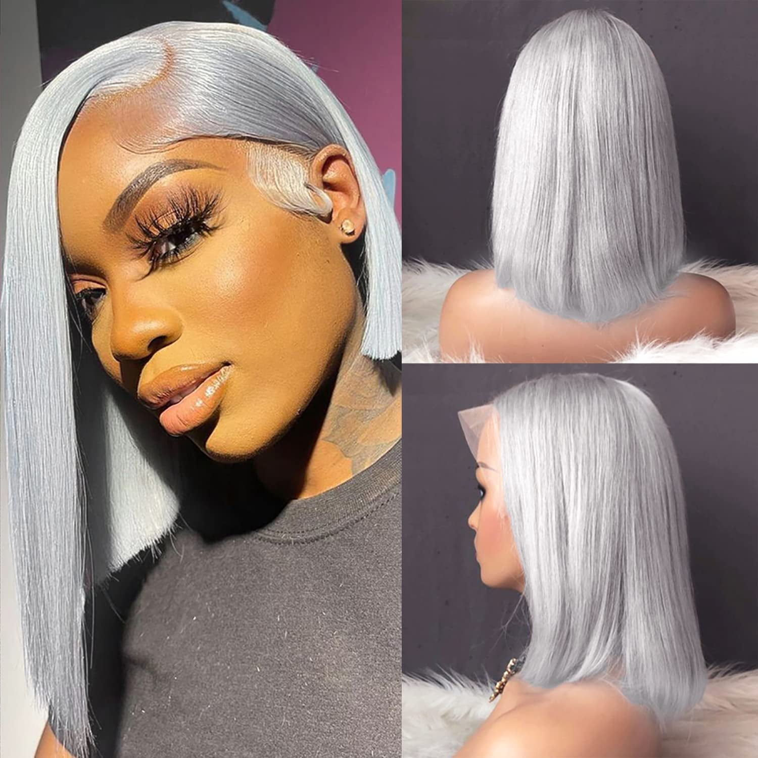 Grey Bob Wigs Human Hair 13×4 Grey Human Hair Lace Front Wigs Short Bob ...