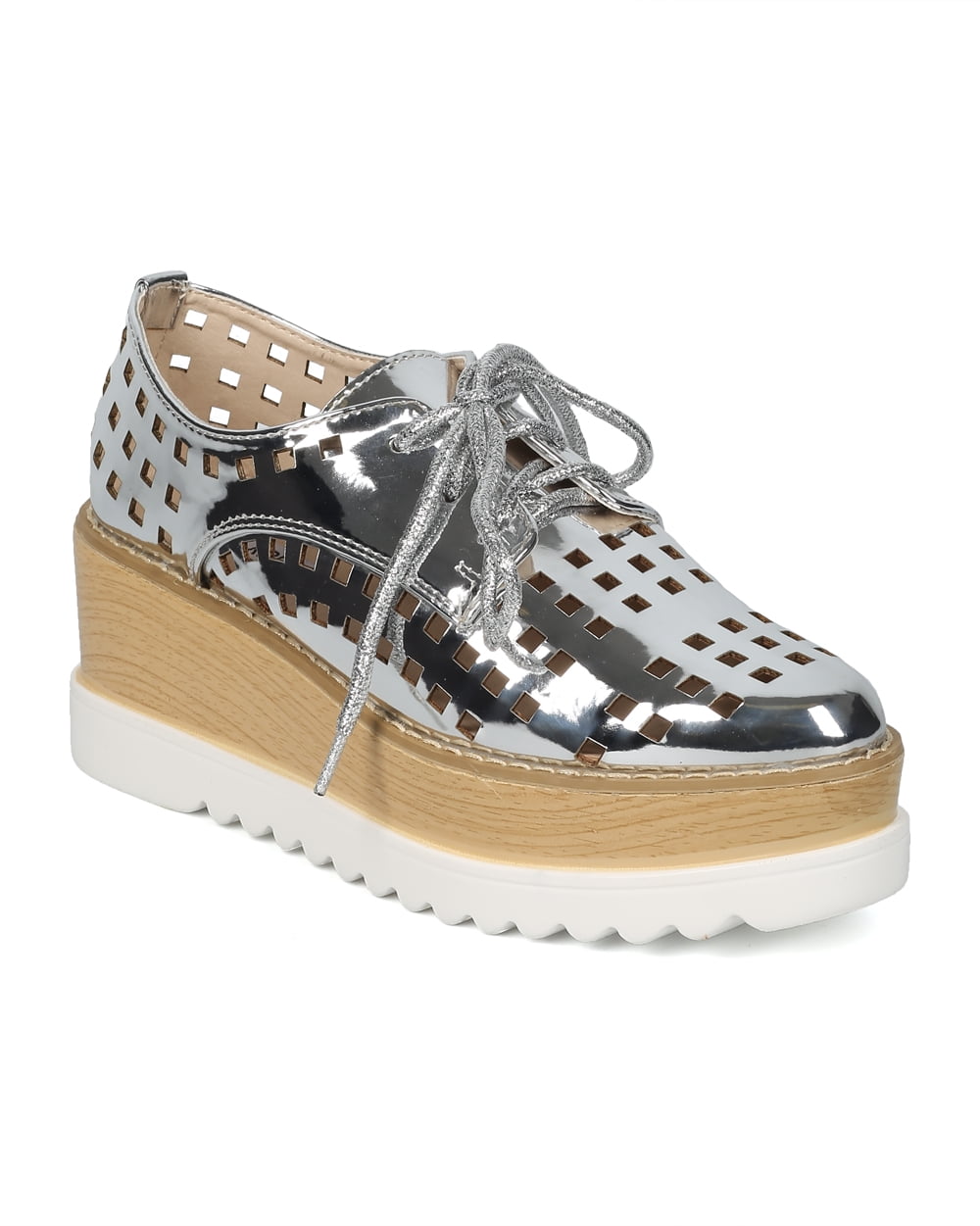 Women Perforated Pointy Lace Up Double Stacked Platform Spectator ...