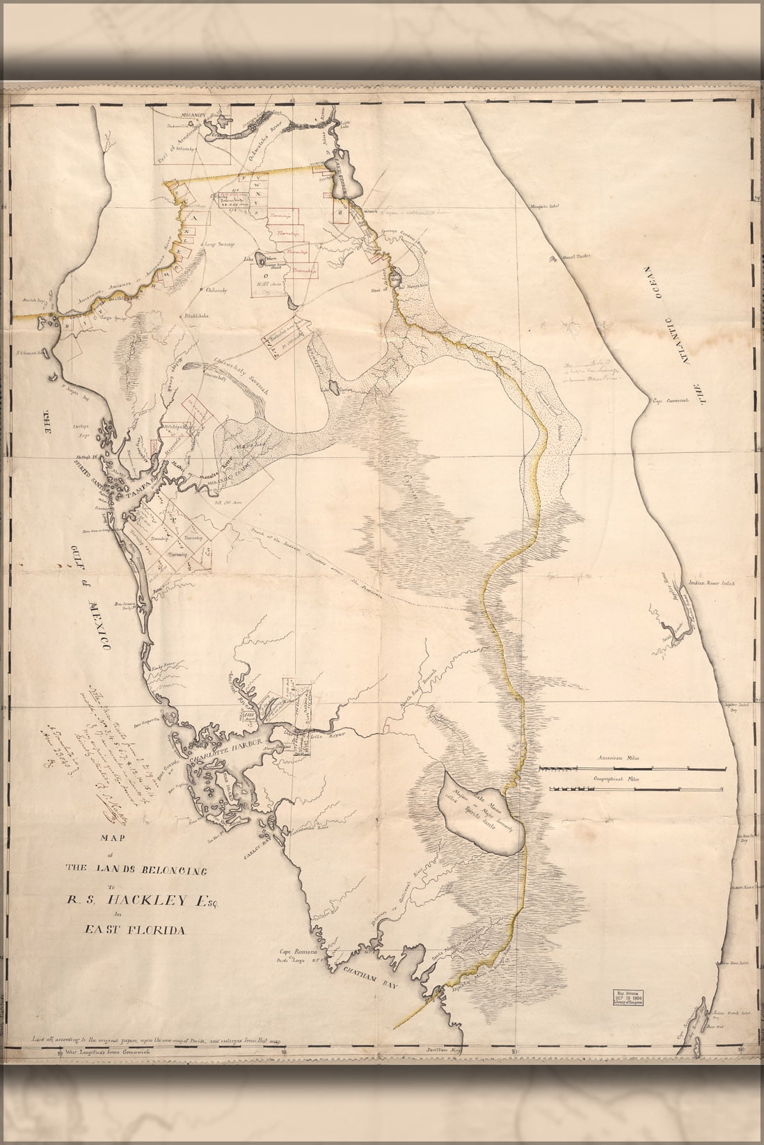 24"x36" Gallery Poster, map of Florida, Micanopy to Key Biscayne 1823 ...