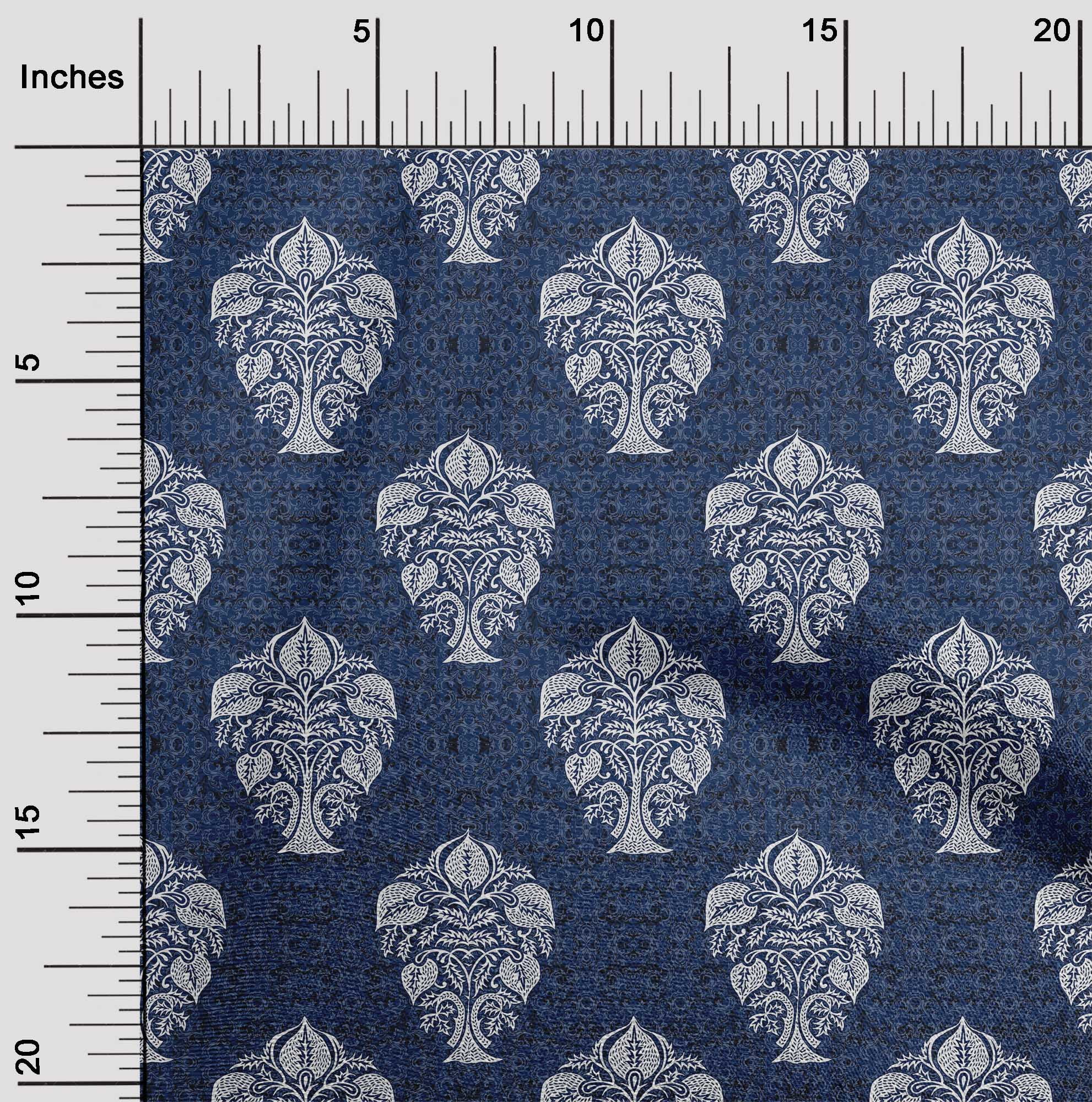 oneOone Cotton Poplin Navy Blue Fabric Swirl & Tree Block Fabric For ...