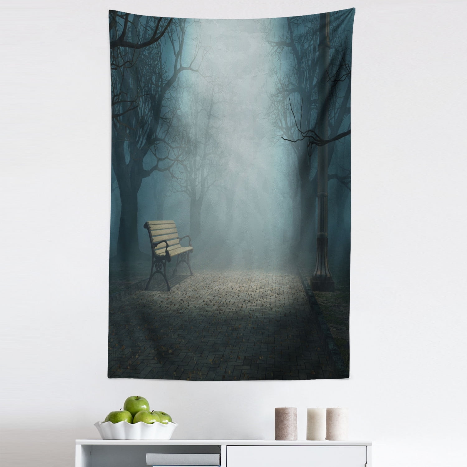 Fall Tapestry, Bench in the Park on Dark Mysterious Night Scary Forest ...