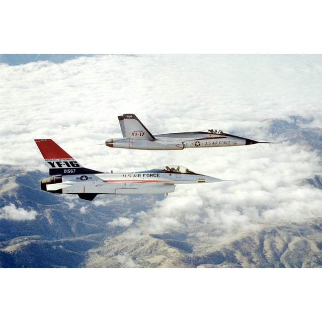 24x36 gallery poster, YF-16 (foreground) and a Northrop YF-17, each ...