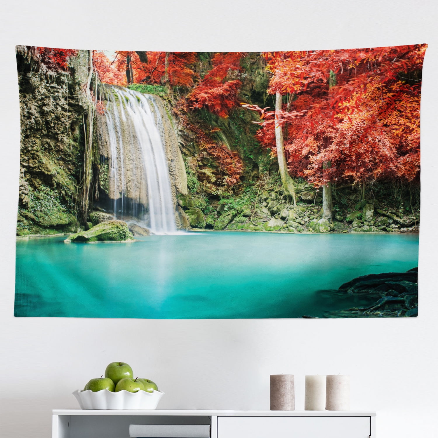 Waterfall Tapestry, Double Waterfalls Flow to Natural Lake Bushes and ...