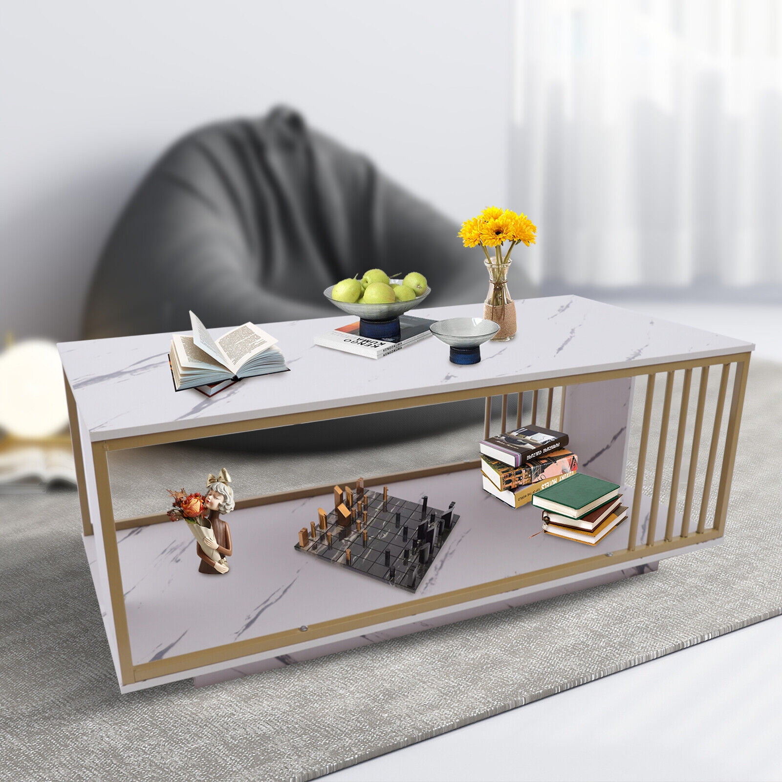 Miumaeov Modern Marble Coffee Table with Gold Metal Frame and Storage ...