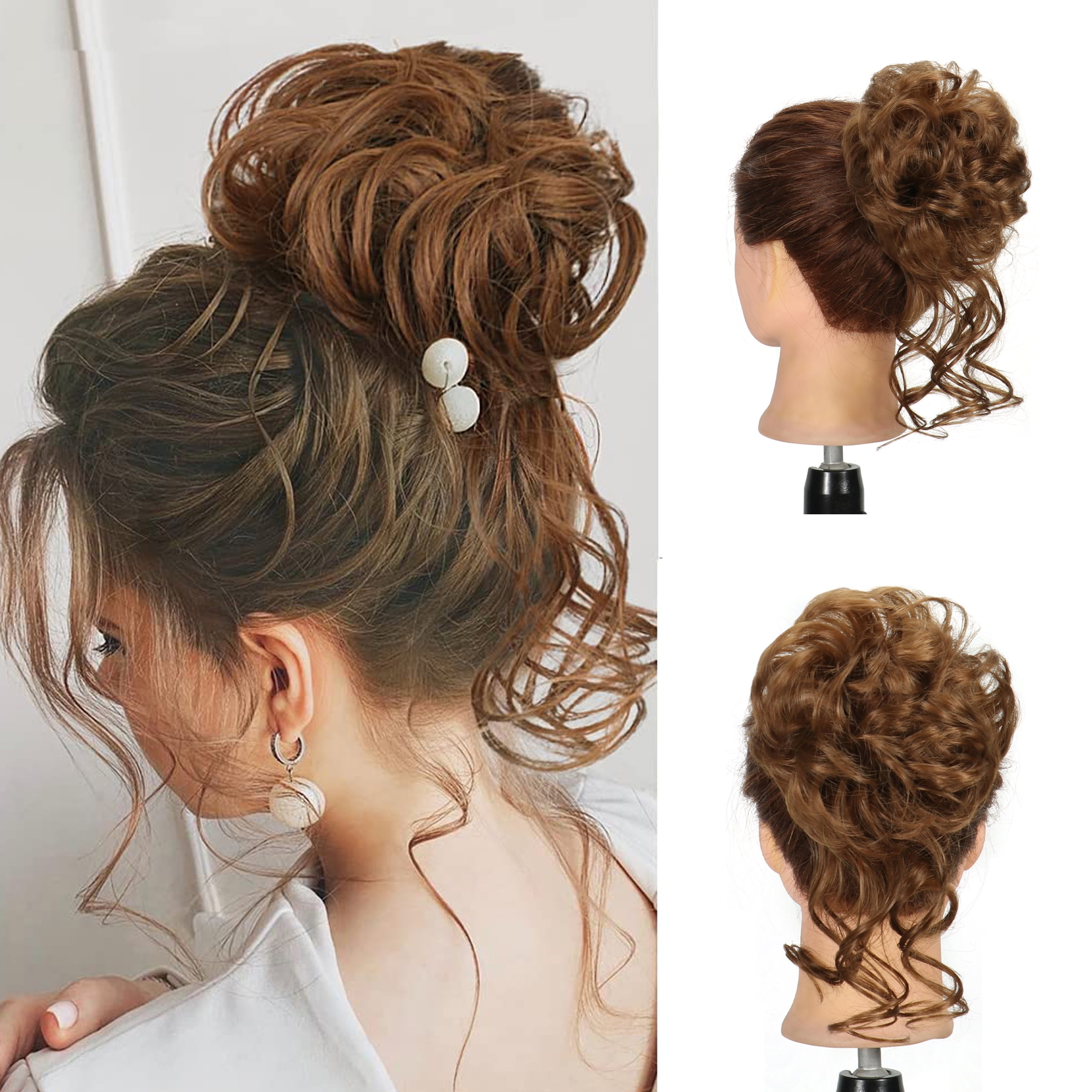 Women Light Brown Hair Buns,Dylanm Curly Wavy Ponytail Hair Scrunchies ...