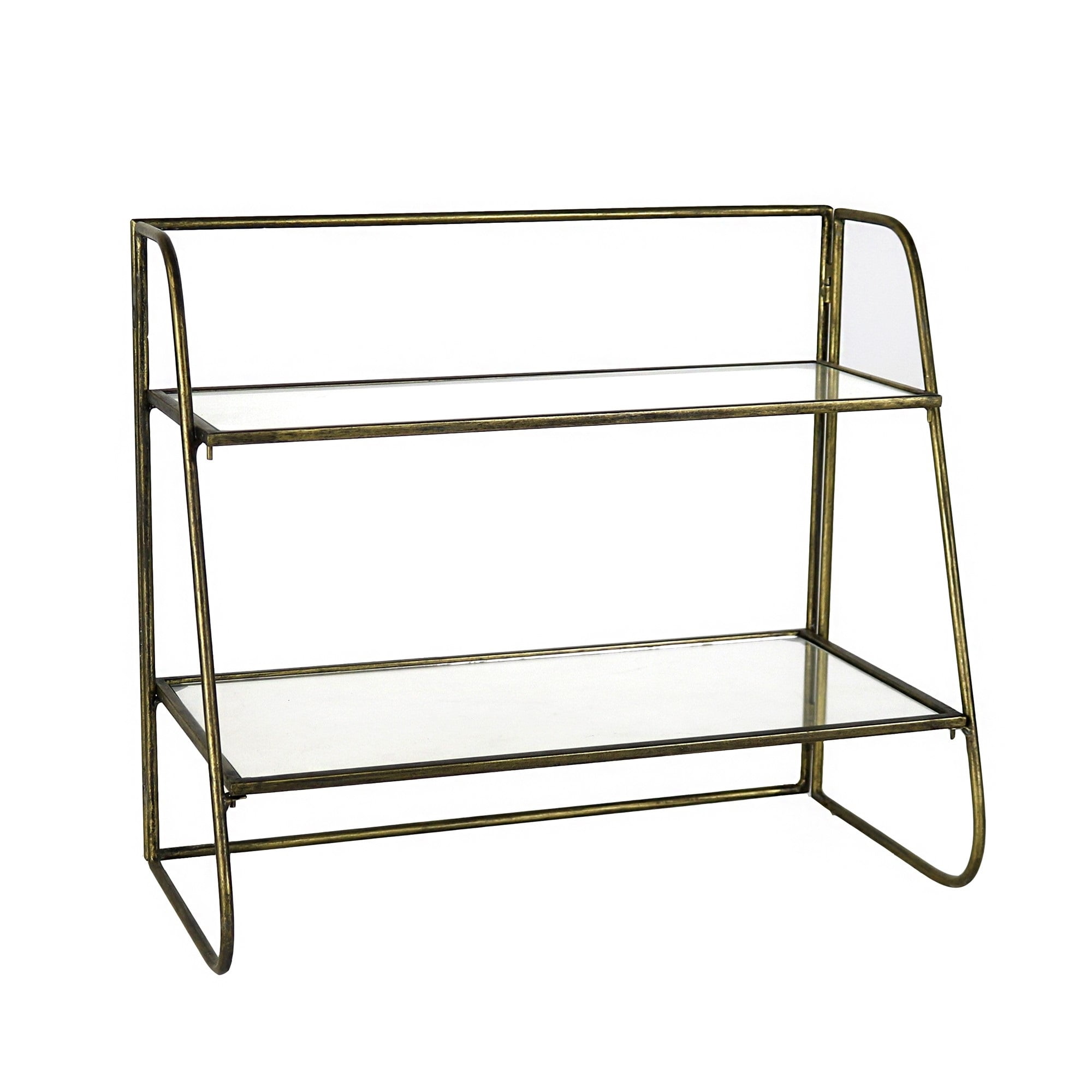 2 Tier Tubular Metal Frame Stand with Glass Shelves, Brass and Clear ...