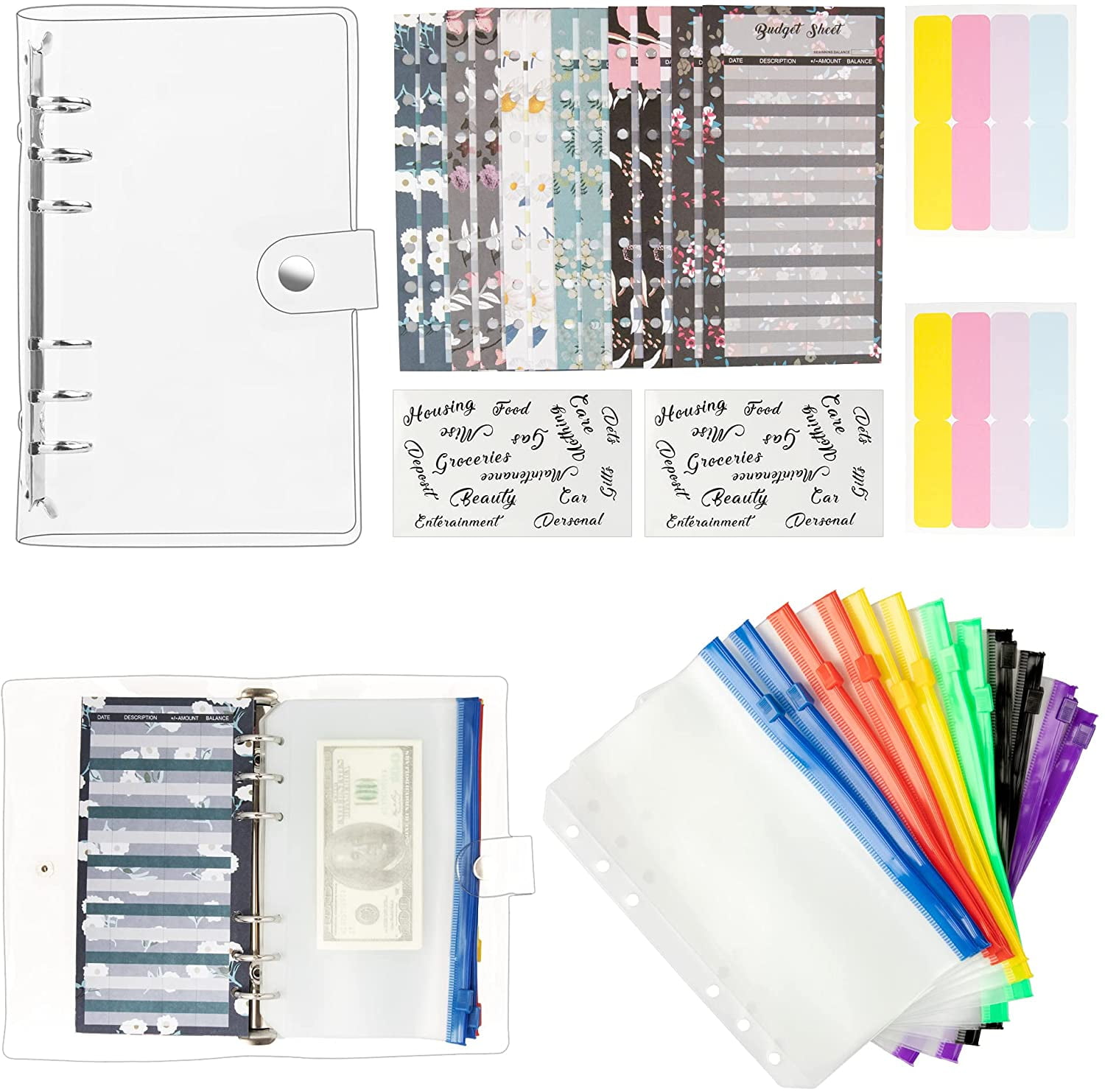 A6 Notebook Binder 6-Ring Budget Binder with Zipper Envelopes Binder ...