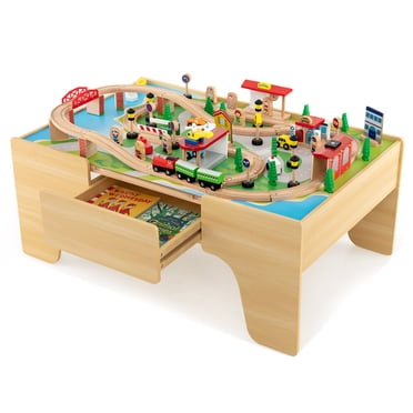 Infans Kids Wooden Toy Train Track Set with Table, 100 Pieces & Storage ...