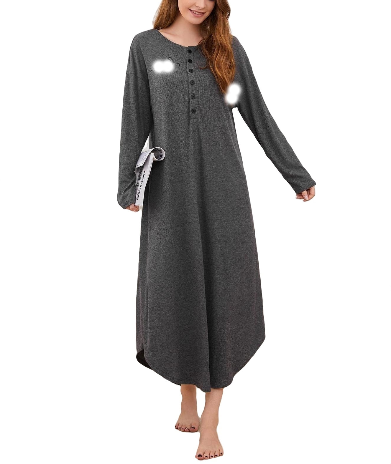 Casual Letter Graphic Round Neck Sleepshirts Long Sleeve Dark Grey ...