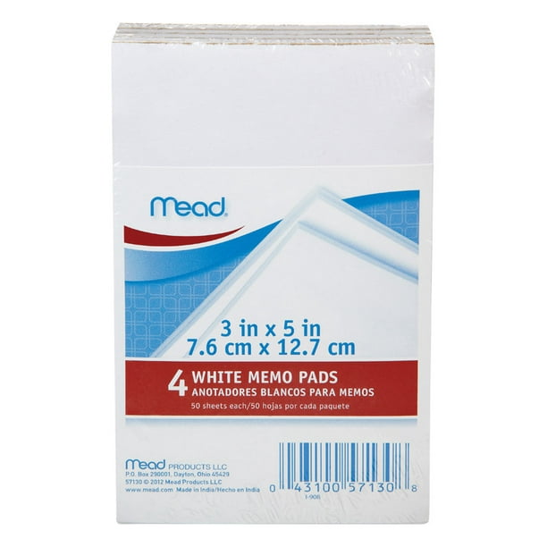 Mead White Memo Pad 50 Counts 4 Packs 3" x 5" - Walmart.com