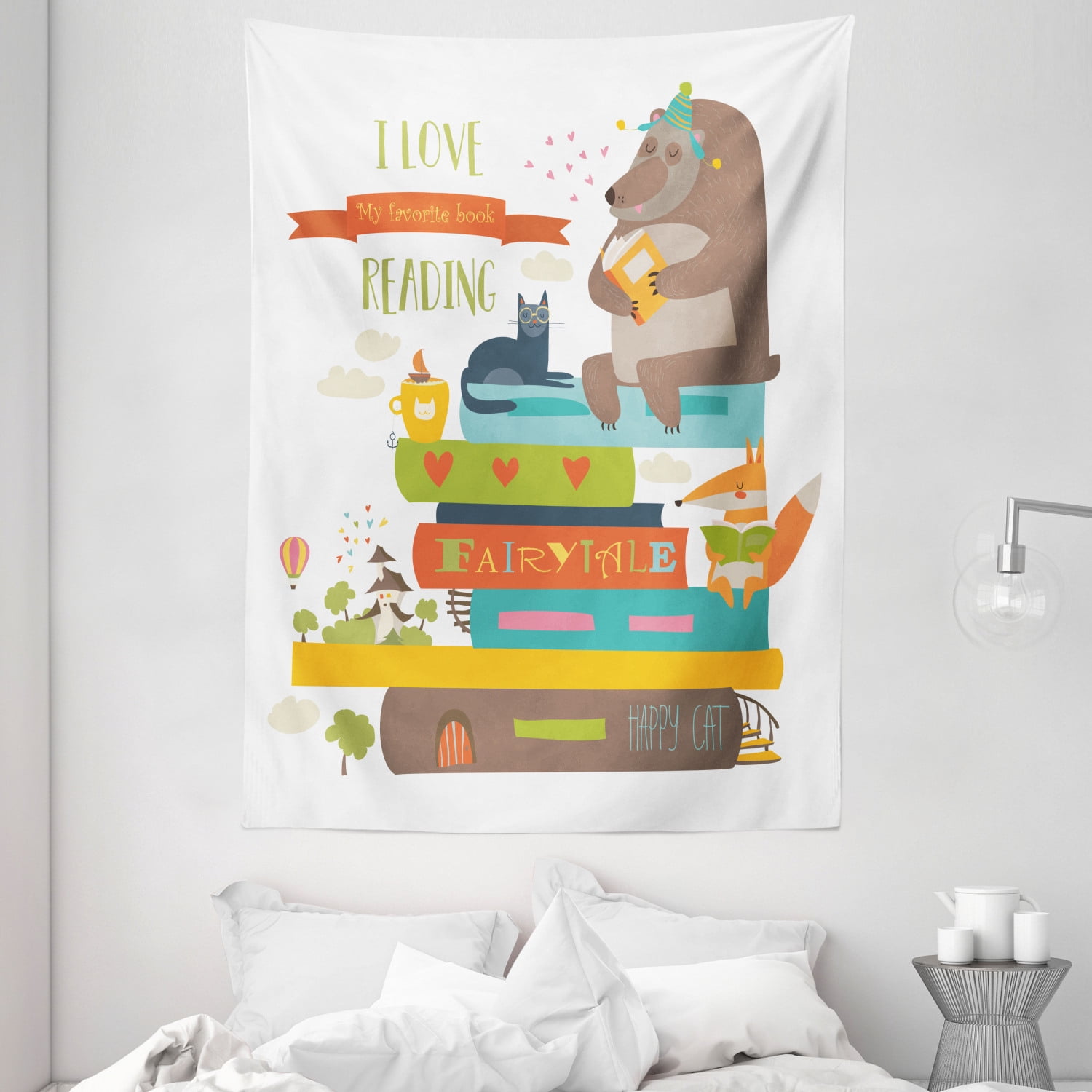 Animal Tapestry, I Love Reading Fairytale Happy Cat Lettering Smart ...