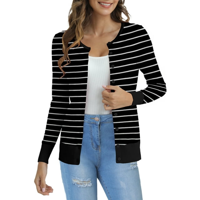 Voianlimo Womens Button Down Crew Neck Long Sleeve Soft Knit Cardigan