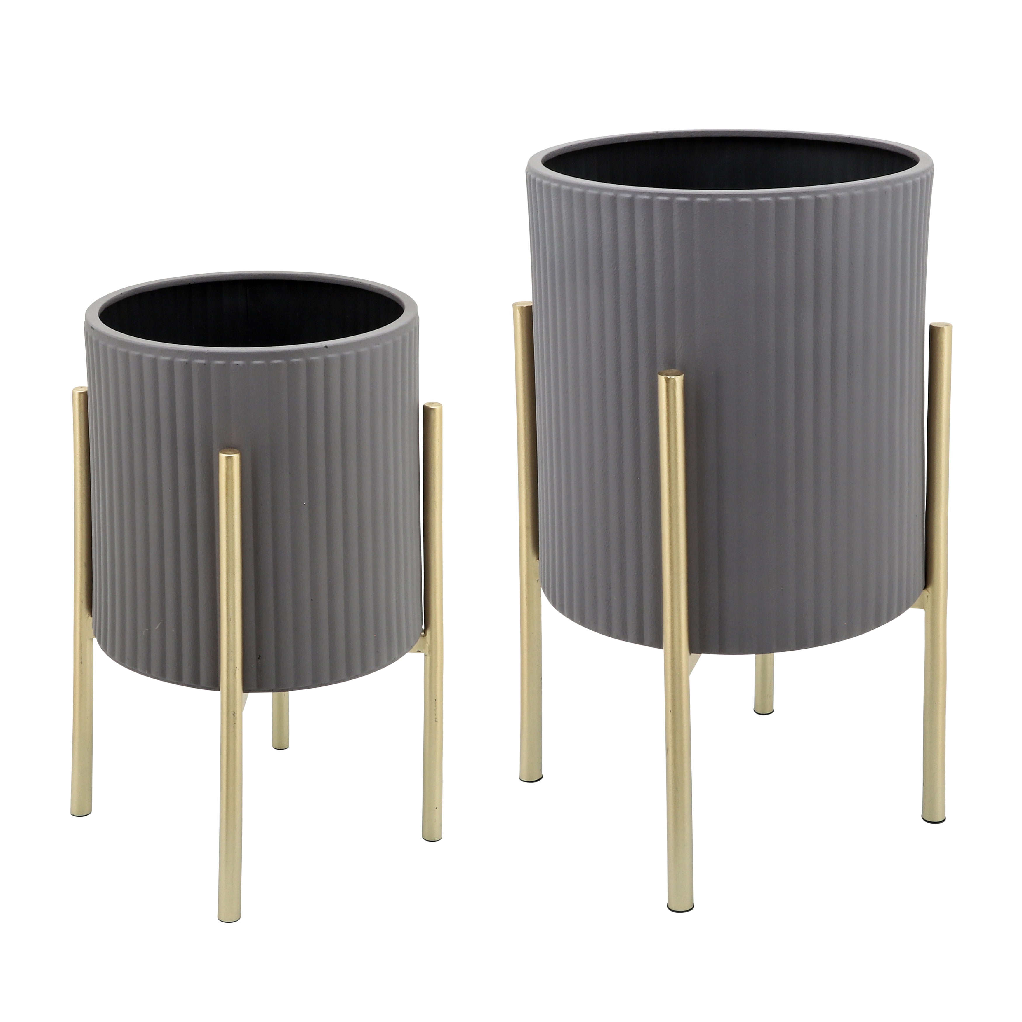 Sagebrook Home Set Of 2 Ridges Planter On Metal Stand, Gray/Gold, Round ...