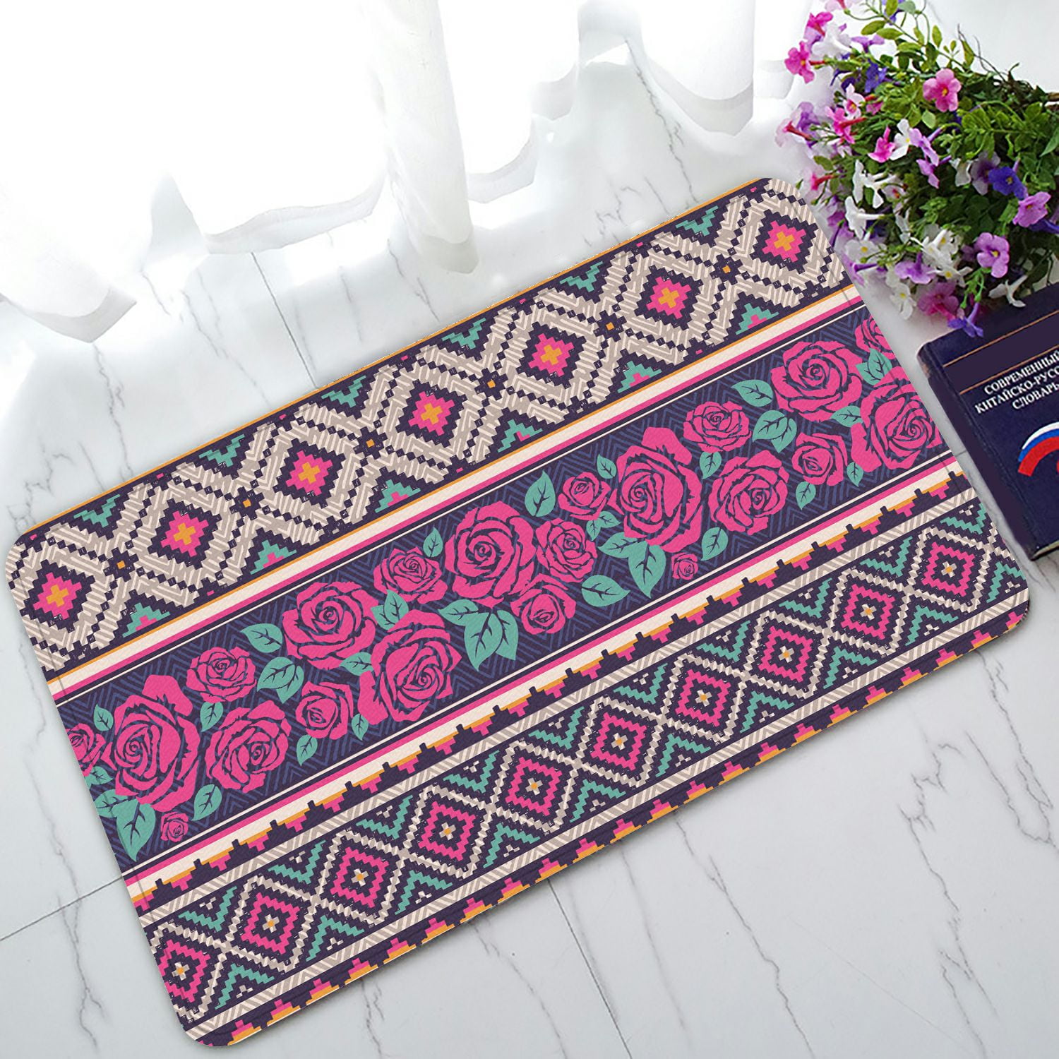 PHFZK Rose Doormat, Ethnic Floral Aztec Doormat Outdoors/Indoor Doormat ...