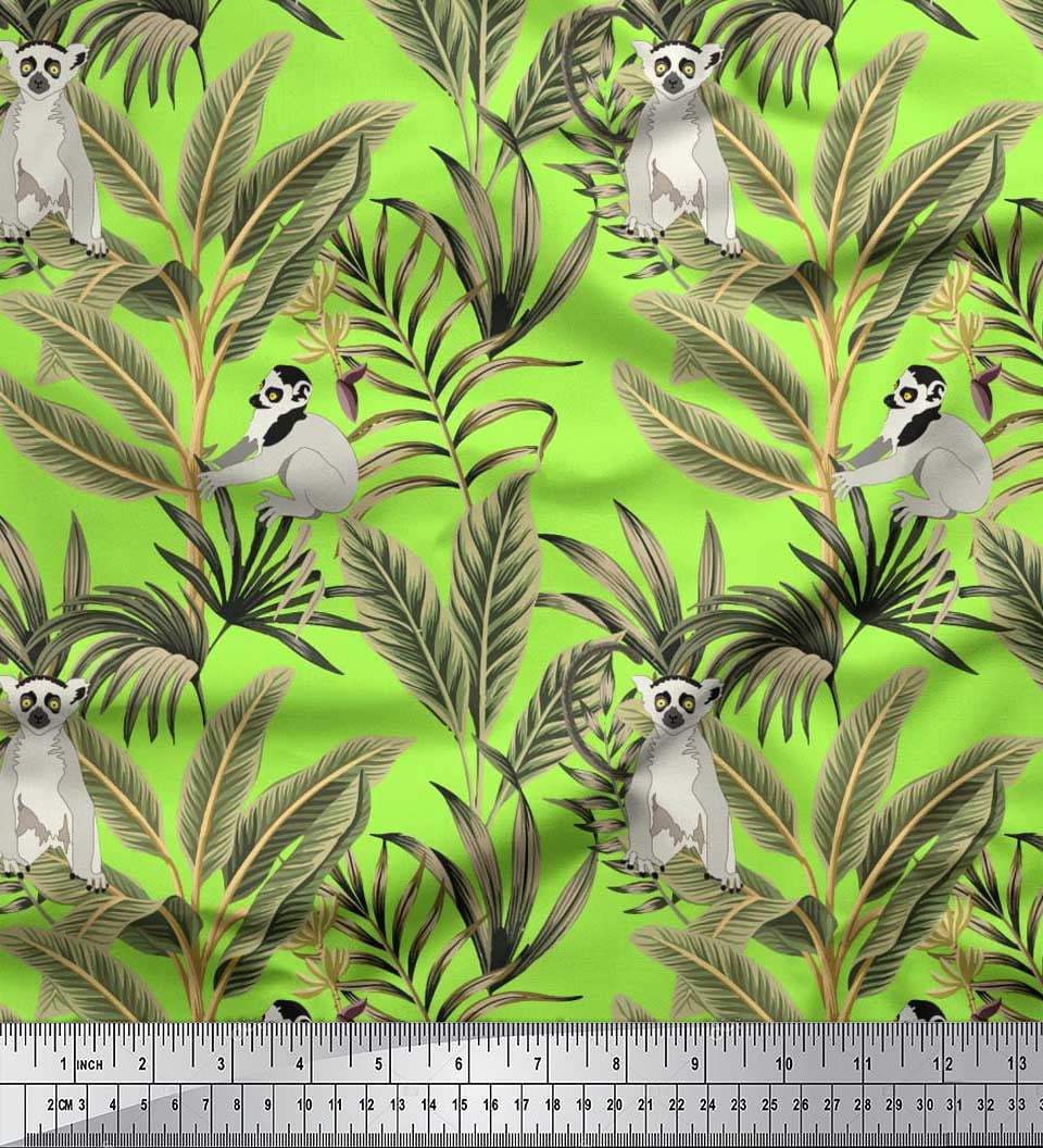 Soimoi Cotton Voile Fabric Leaves & Lemur Animal Printed Craft Fabric ...