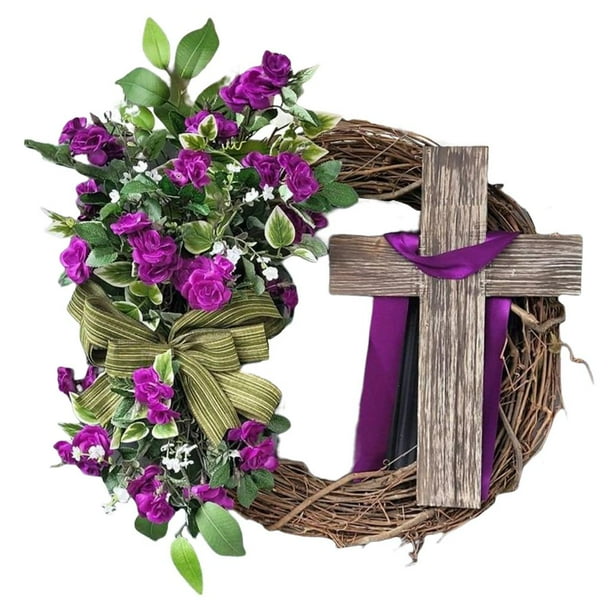 Rattan Easter Wreath with Cross Round Greenery Artificial Wreaths for ...