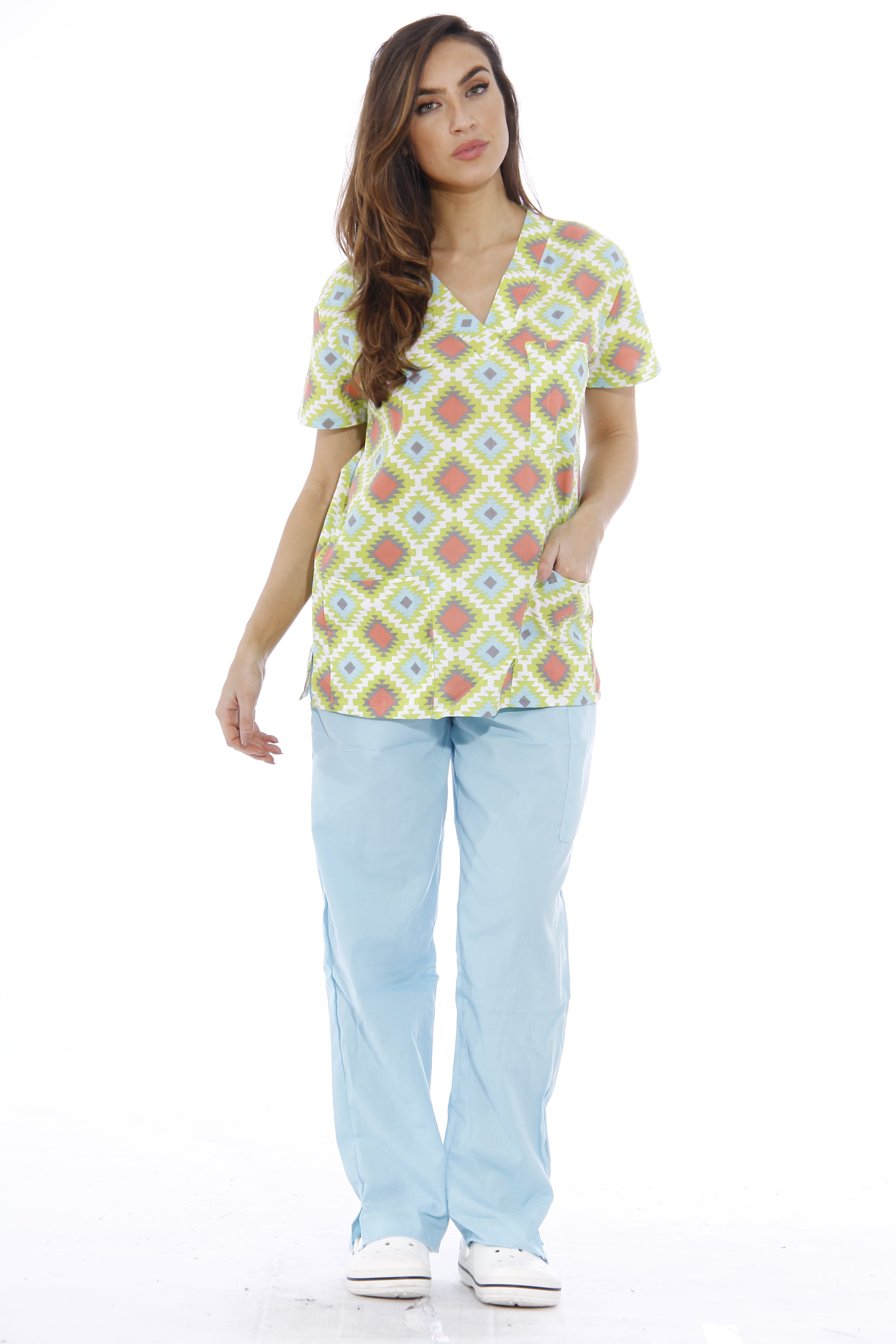 Nursing Scrubs Set for Women / Print Scrubs (V-Neck) (Green Diamonds ...