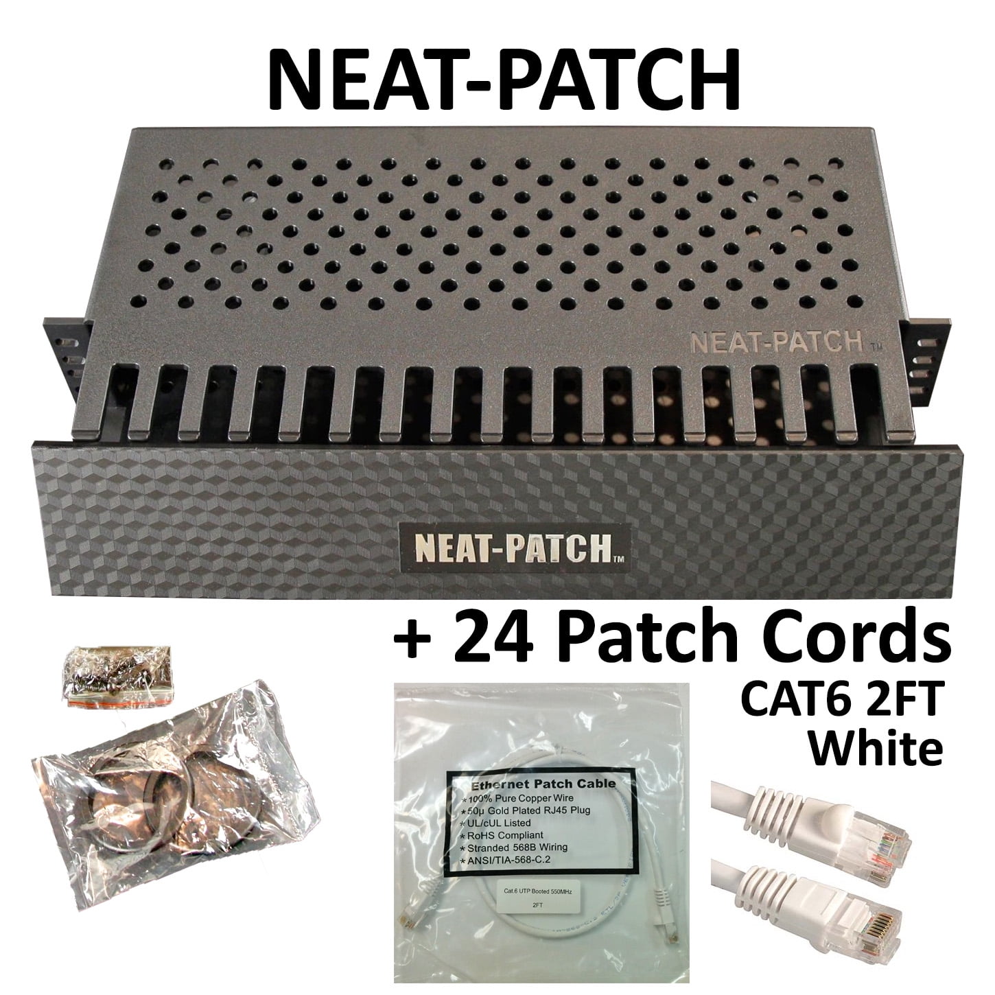 Neat Patch Cable Management Unit w/ 24 CAT6 Patch Cables (2FT White ...