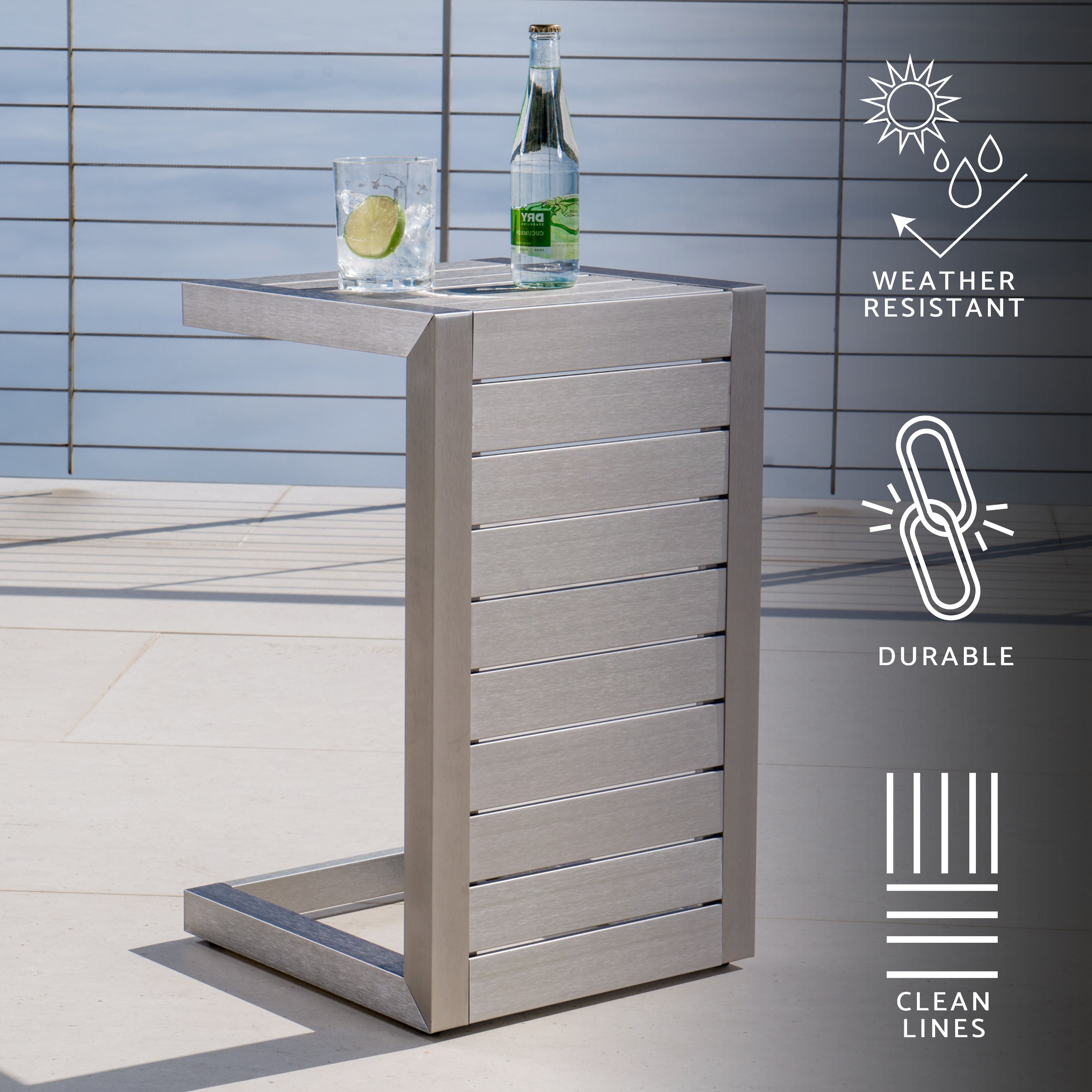 GDF Studio Crested Bay Outdoor Modern C Shaped Side Table, Silver ...