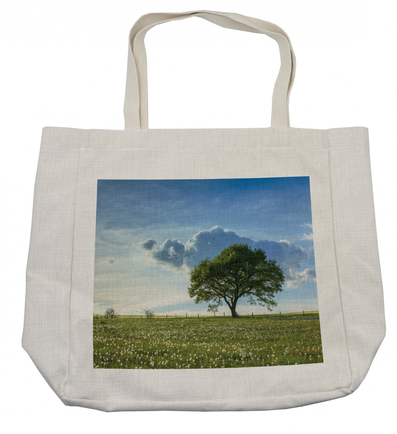 Tree Shopping Bag, Tree on a Wide Dandelion Flower Field Fluffy Clouds ...