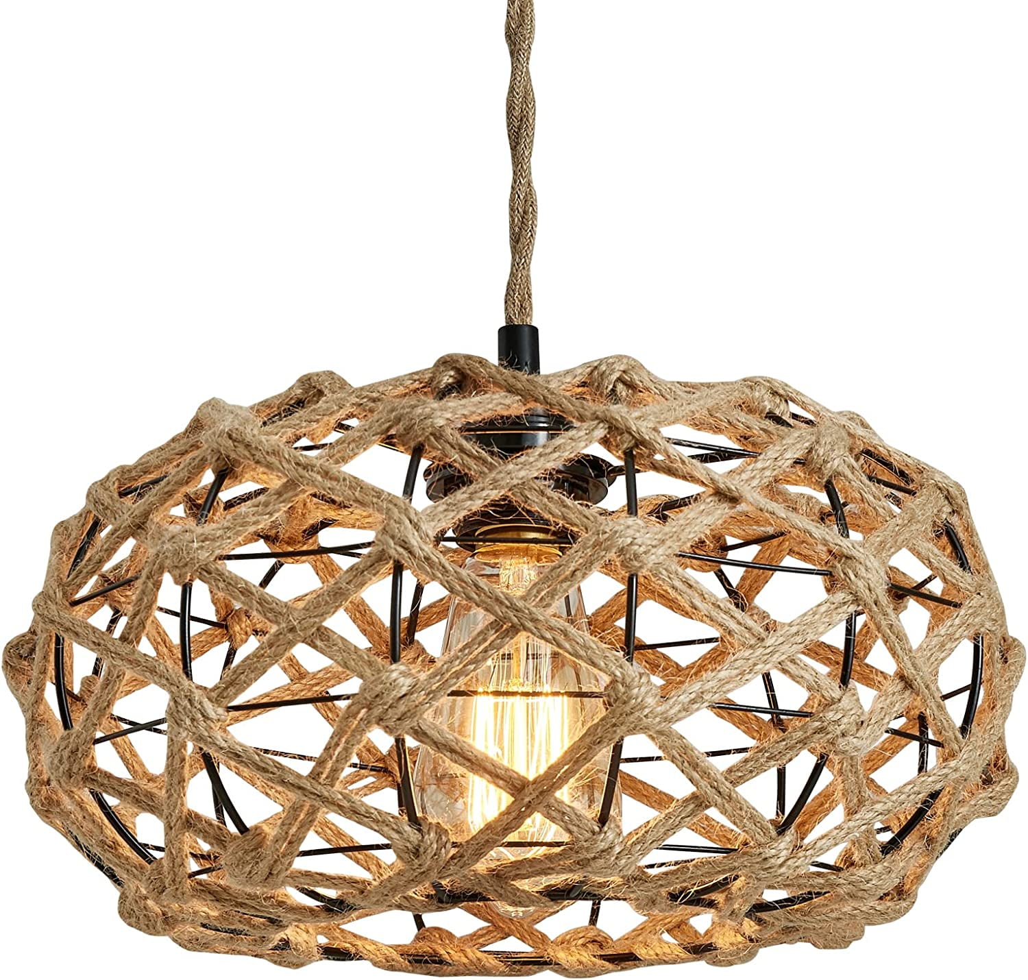 ZXNYH Boho Chandelier,Rustic Rattan Basket Woven Hemp Rope Pendant ...