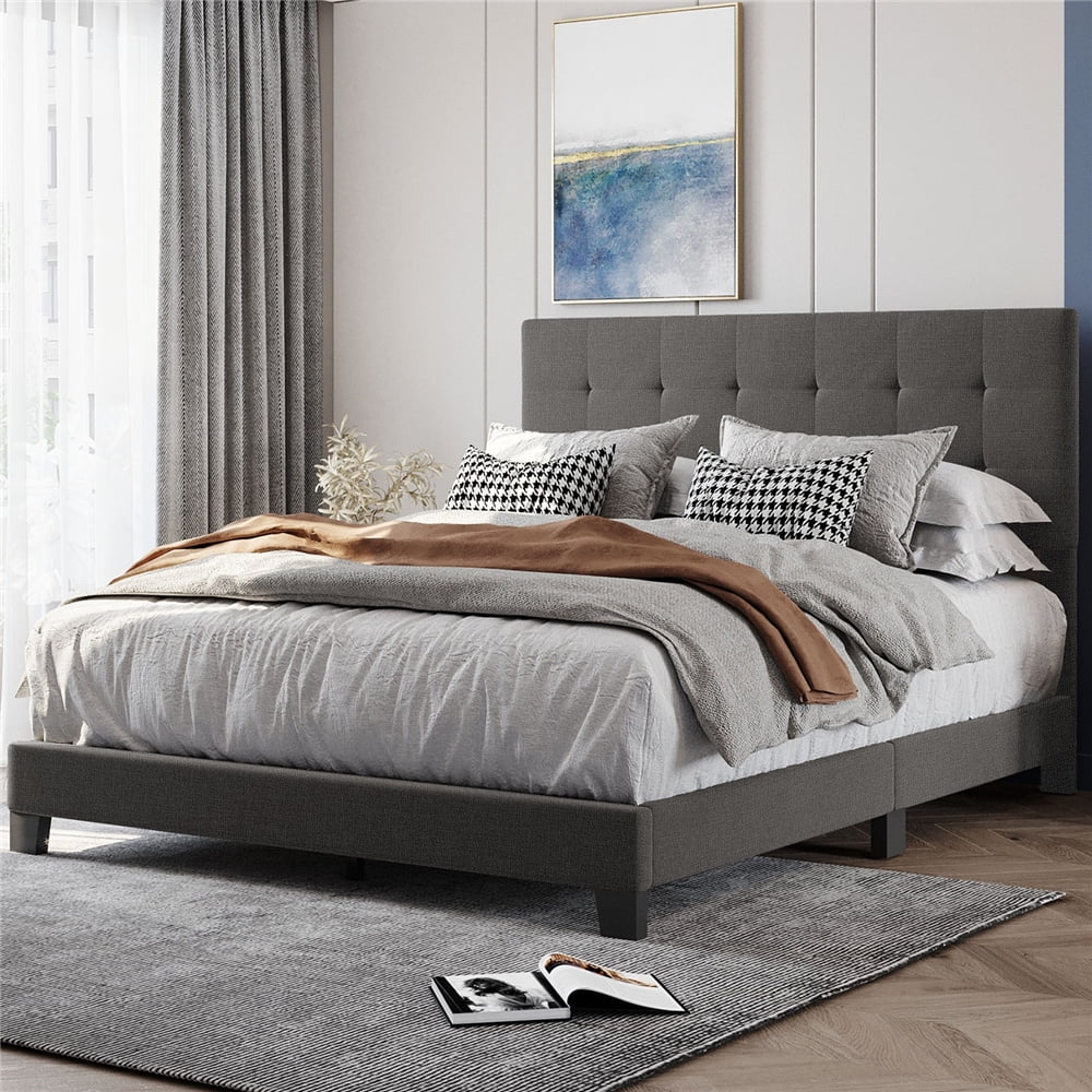Queen Bed Frame Box Spring Needed, Heavy Duty Fabric Queen Platform Bed ...