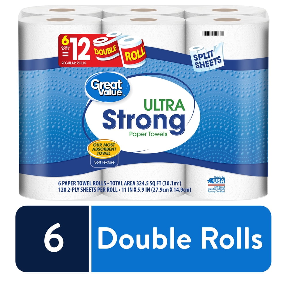 Great Value Ultra Strong Paper Towels, Split Sheets, 6 Double Rolls ...