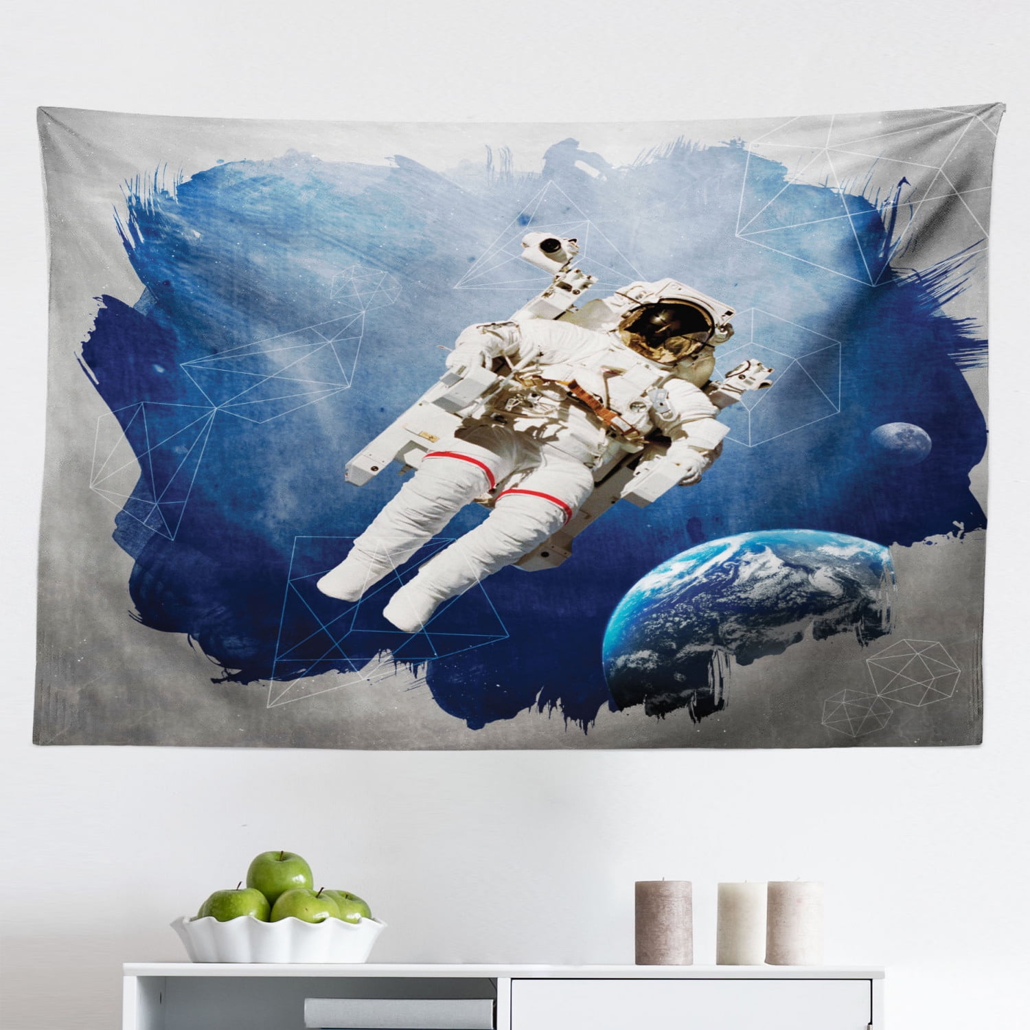 Galaxy Tapestry, Astronaut Man Floating Over Earth with Powerful Sun ...