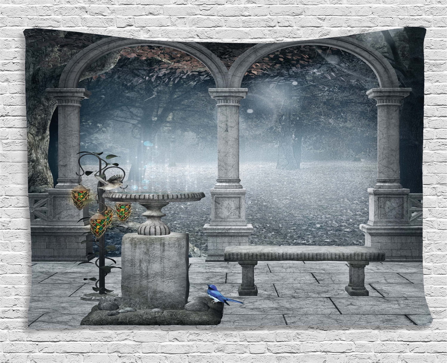 Gothic Decor Tapestry, Fictional Middle Age Mythic Stone Bench Balcony ...