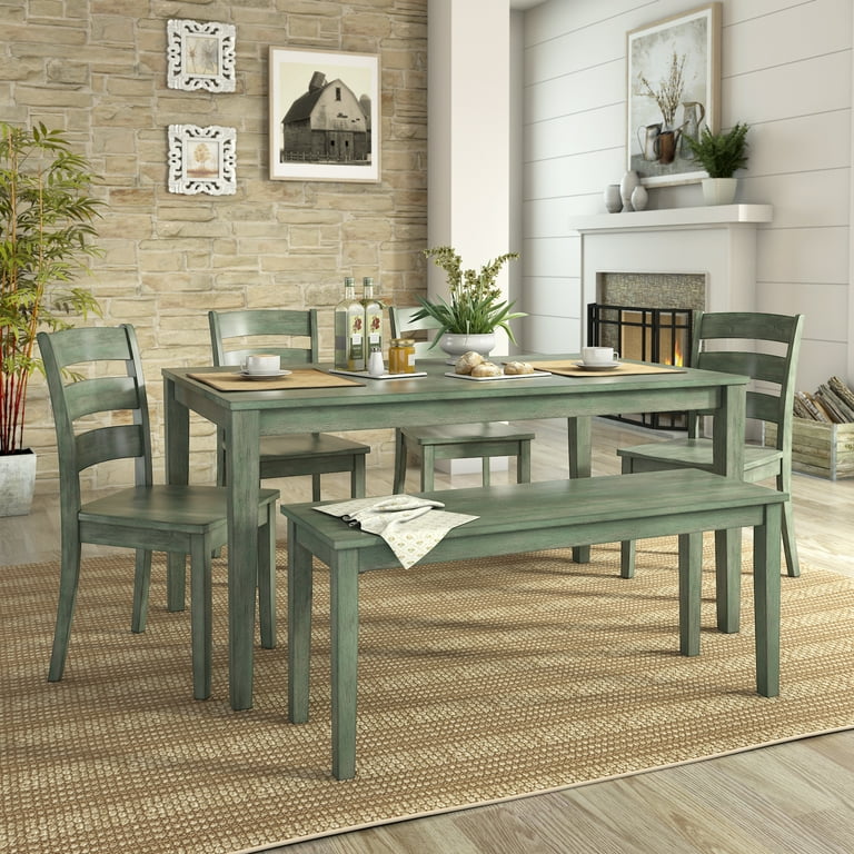 Weston Home Lexington Dining Set with Bench and 4 Ladder Back Chairs Dark Sea Green Size Medium