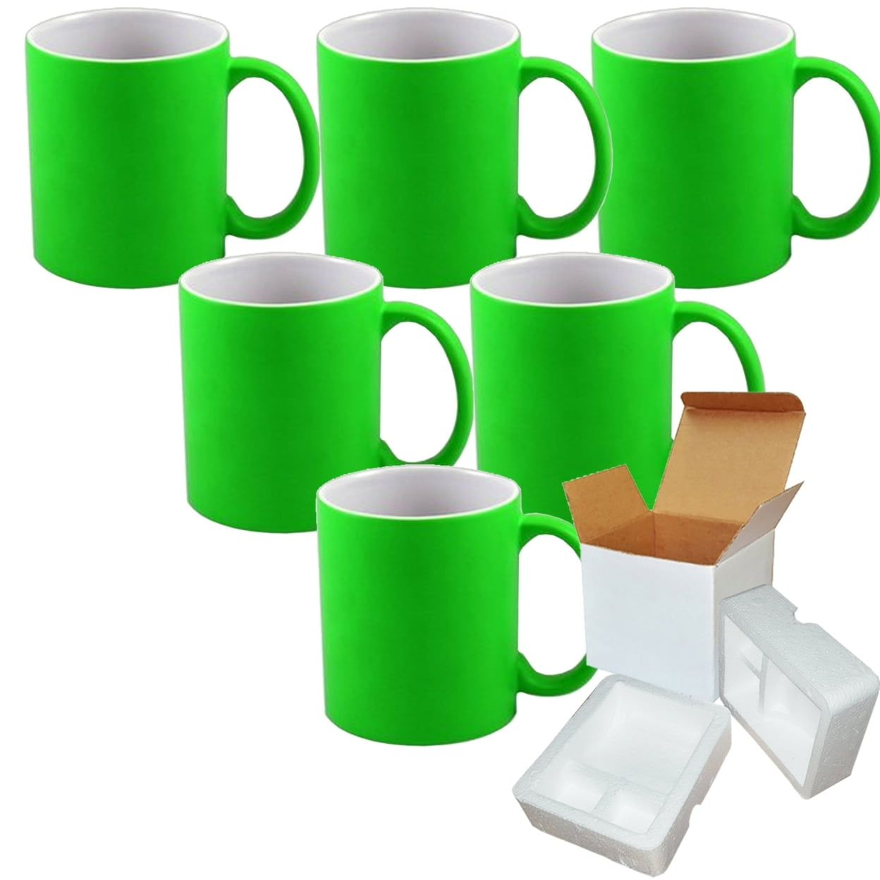 MUGSIE 6 PACK 11OZ GREEN Fluorescent / Neon Sublimation Mugs with Foam ...
