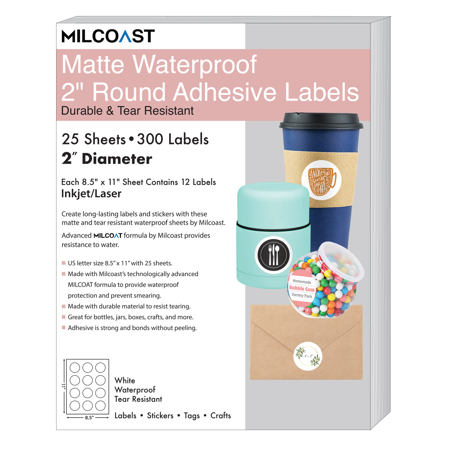 Milcoast Matte Waterproof Tear Resistant White Blank Adhesive 2" Round ...
