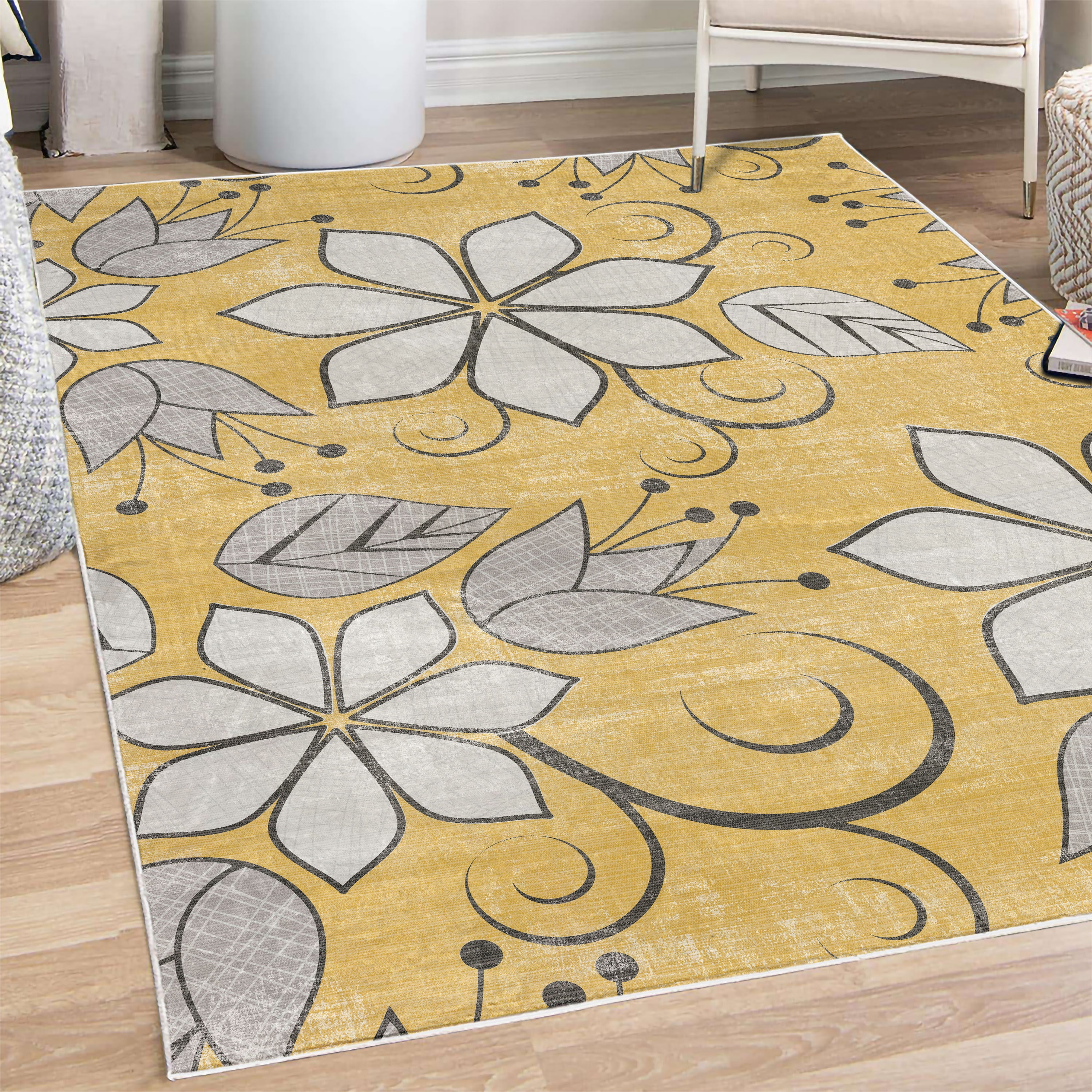 Floral Decorative Rug, Delicate Flowers with Swirling Ivy Branches ...