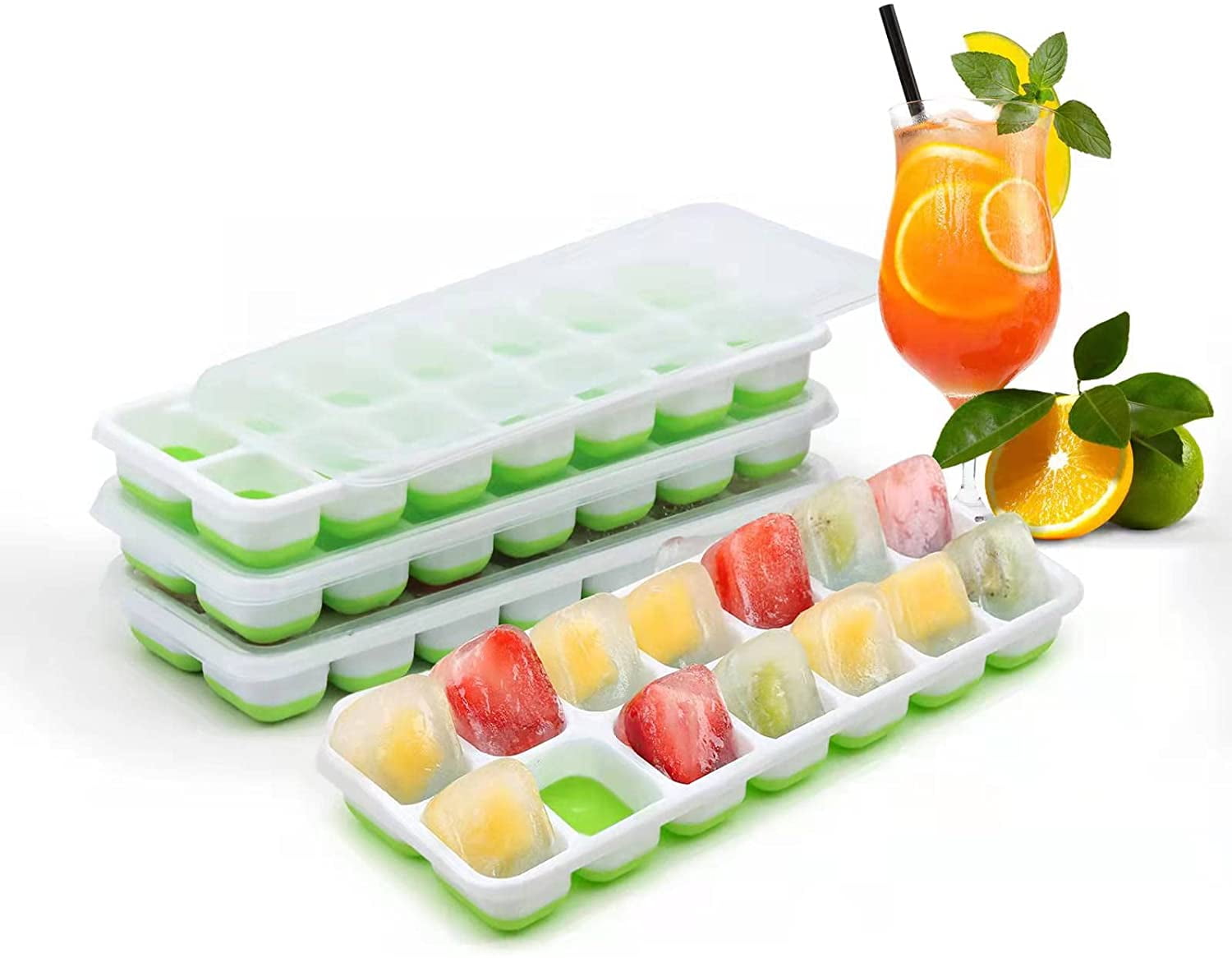 Ice Cube Tray with Lid 4 Pack, Reusable 14-Ice Cube Trays Easy-Release ...